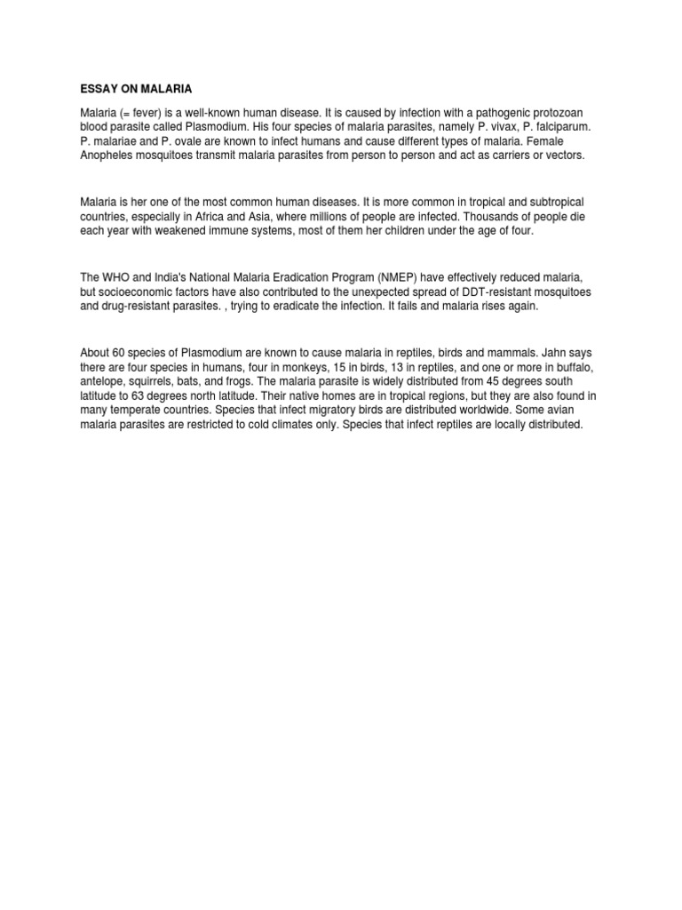 Essay On Malaria | PDF | Wellness | Science & Mathematics