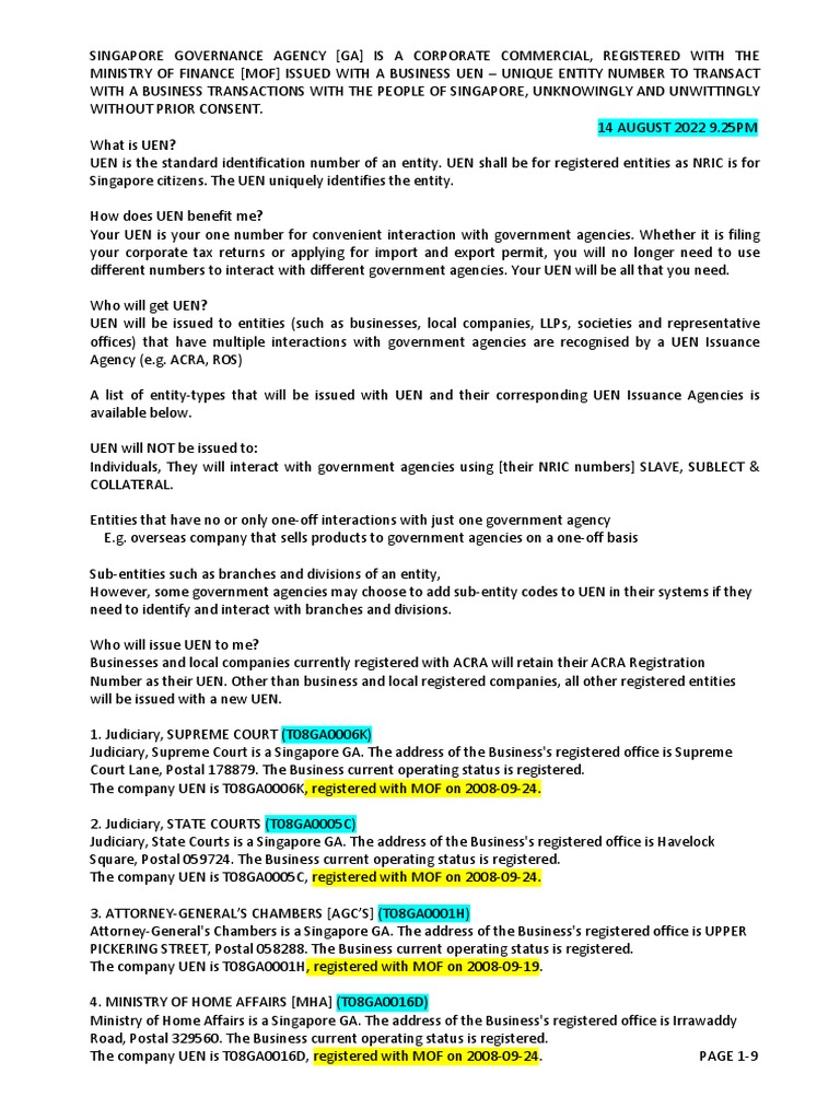 #Singapore Governance Agency Is A Corporation Issued With Uen. | PDF ...