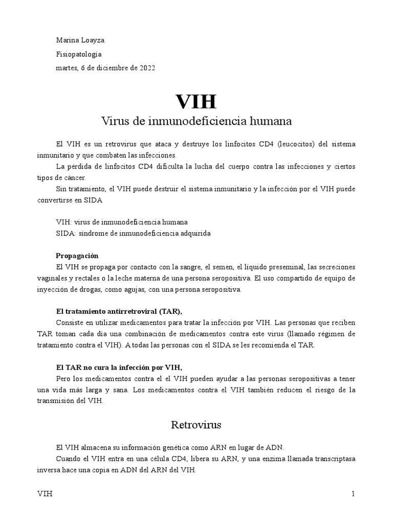 Virus de Inmunodeficiencia Humana (VIH) (Fisiopatología) | PDF | VIH ...