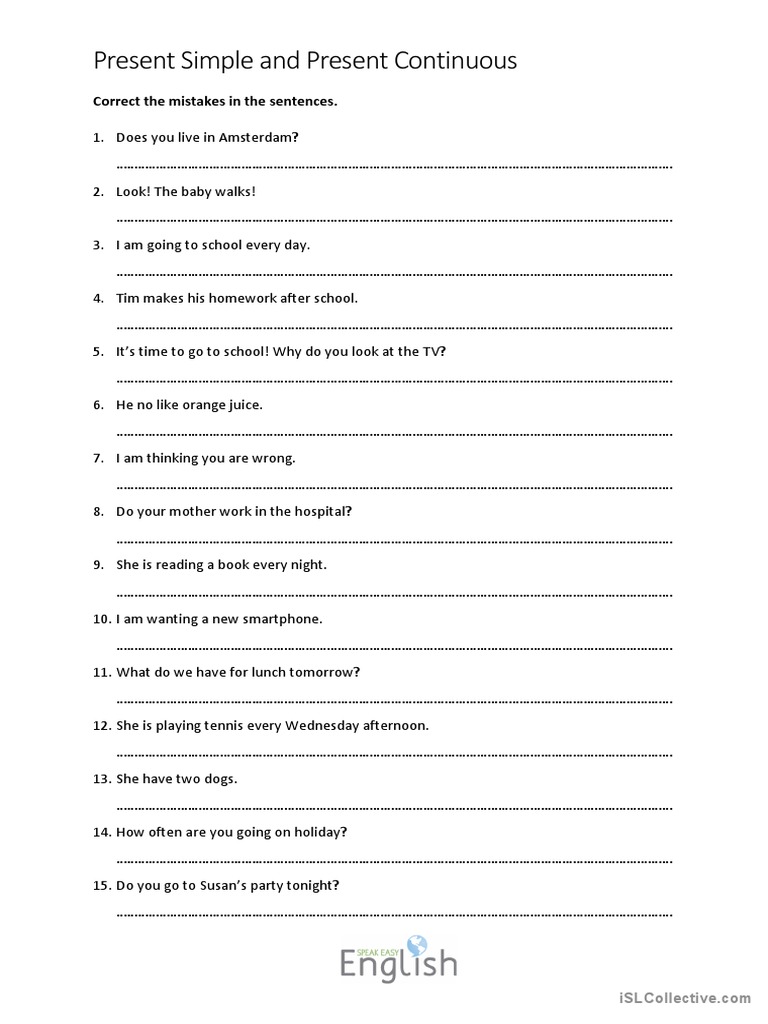 Present Simple - Continuous Error Correction With Answers | PDF | Language Arts & Discipline