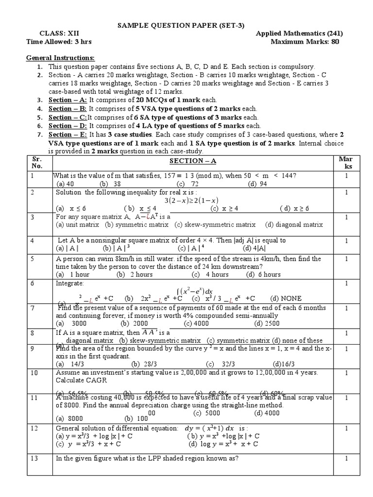 Analysis of a Sample Question Paper for Class XII Applied Mathematics Exam Focusing on Various ...