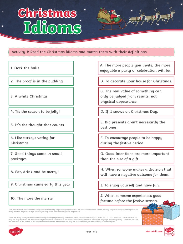 T e 1665742403 Esl Christmas Idioms Worksheet - Ver - 1 | PDF | English ...