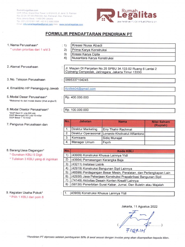 Form Pembuatan PT | PDF