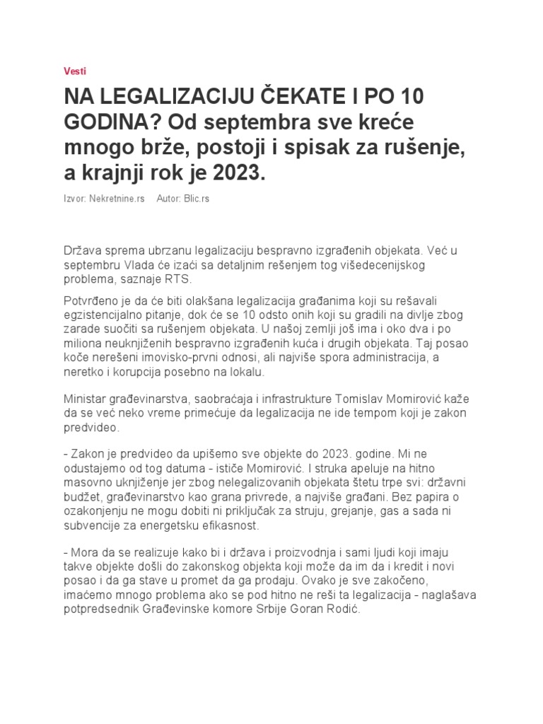 Od Septembra Sve Kreće Mnogo Brže, Postoji I Spisak Za Rušenje, A Krajnji Rok Je 2023 | PDF