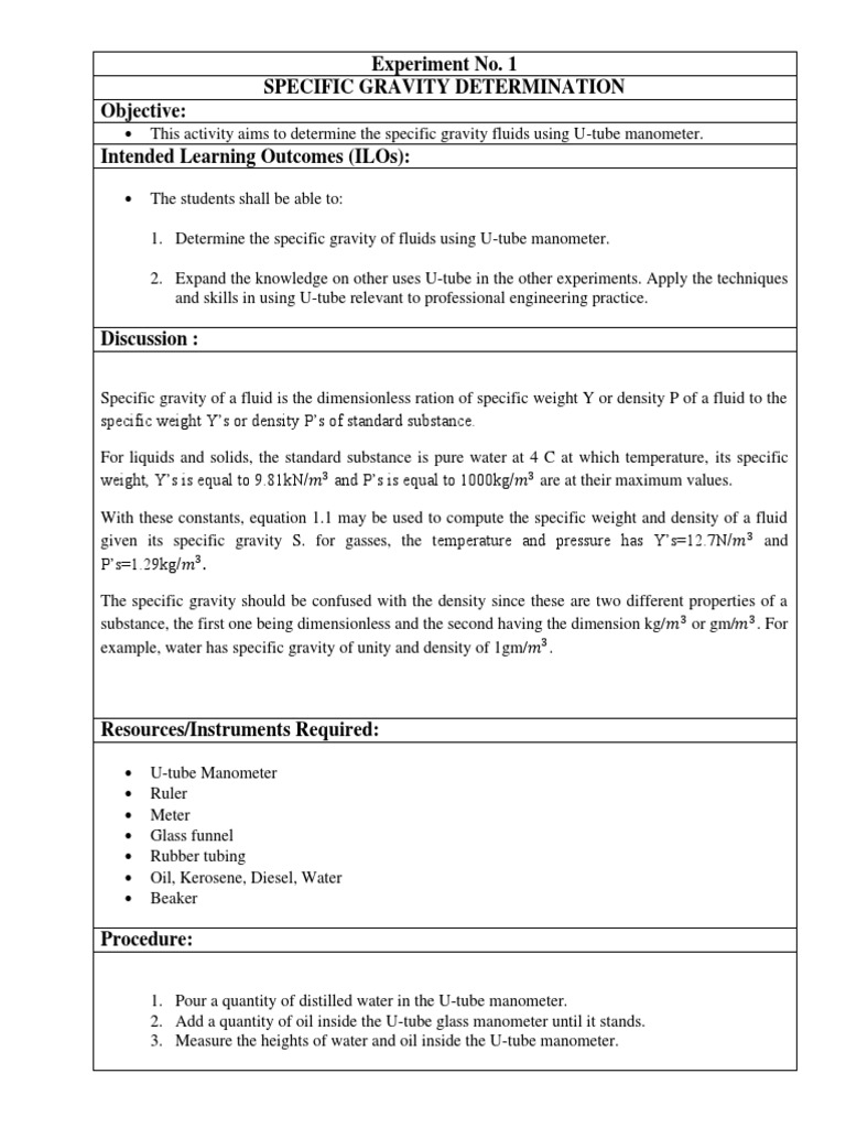Specific Gravity Determination Experiment | PDF | Density | Pressure ...