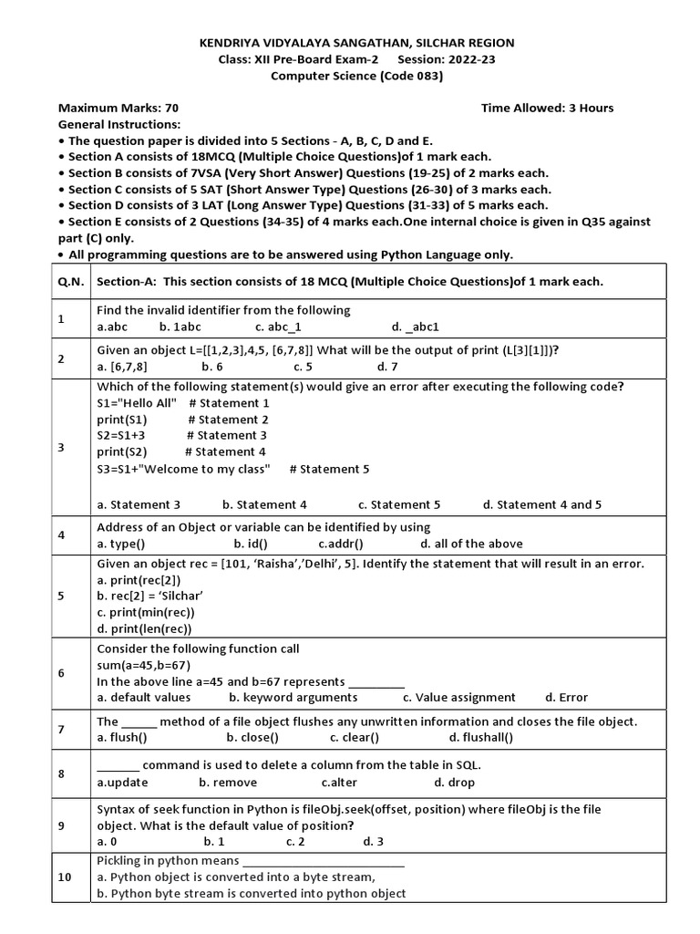CS XII PB2 Silchar QP | PDF | Control Flow | Table (Database) CS XII PB2 Silchar QP | PDF | Control Flow | Table (Database)