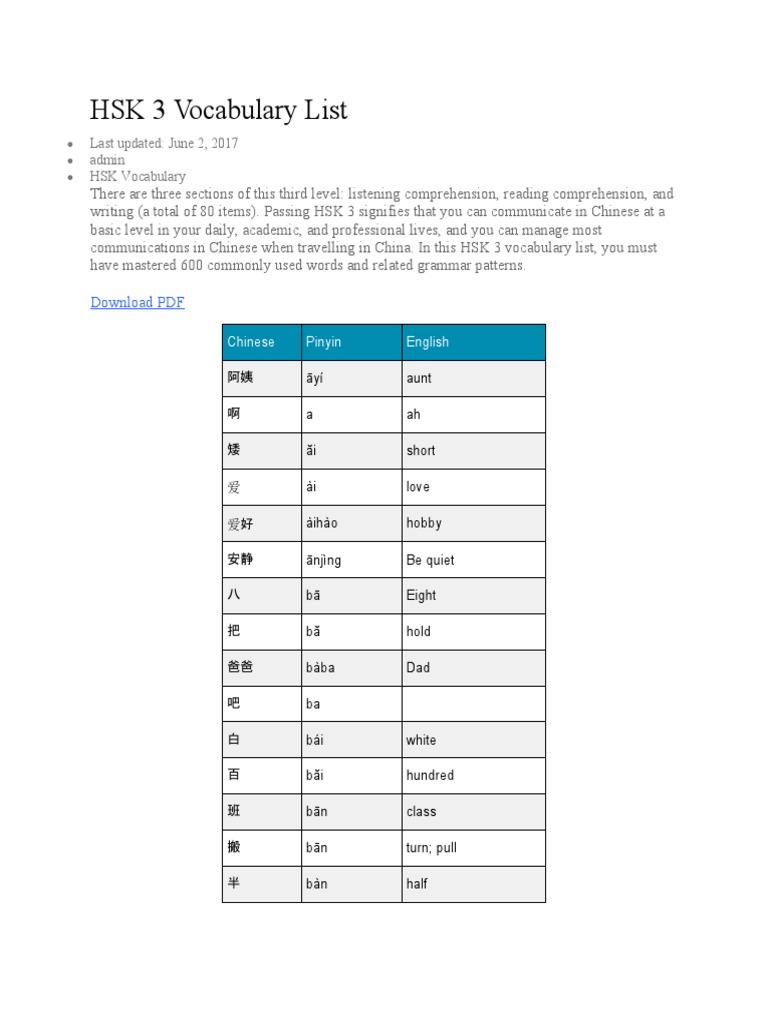 Hsk 3 Vocabulary List Pdf China World Politics