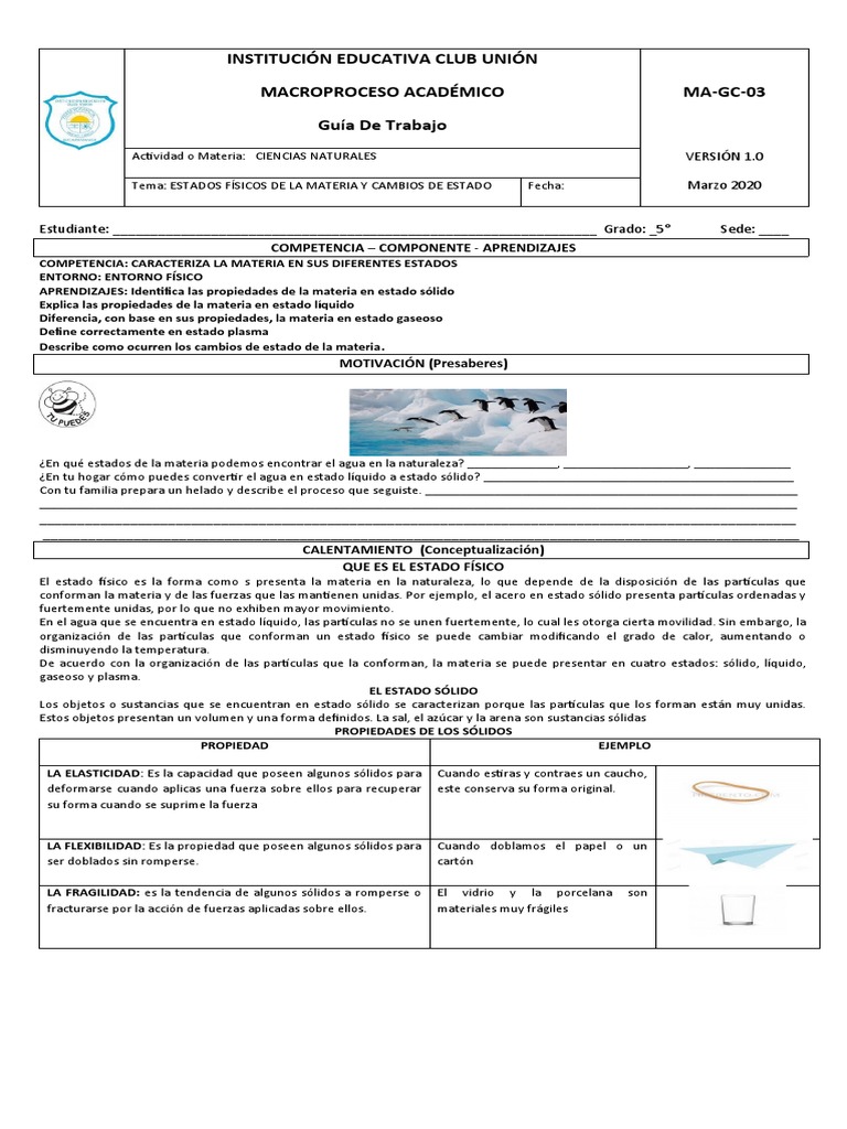 Guía de Ciencias Naturales. Estados y Cambios de Estado de La Materia ...