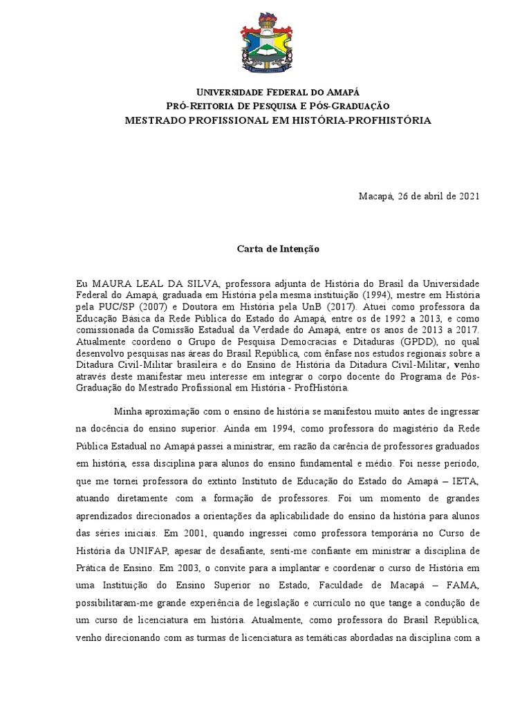 Maura Leal Da Silva CARTA DE INTENÇÃO PROFHISTÓRIA | PDF | Pós ...