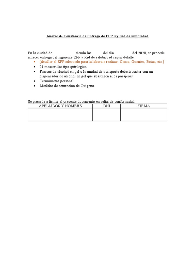 Anexo 04 - Acta de Entrega de EPPs para Covid-19 Modelo | PDF