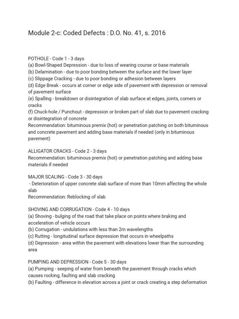 Module 2-c Coded Defects D.O. No. 41, S. 2016 | PDF | Road | Road Surface