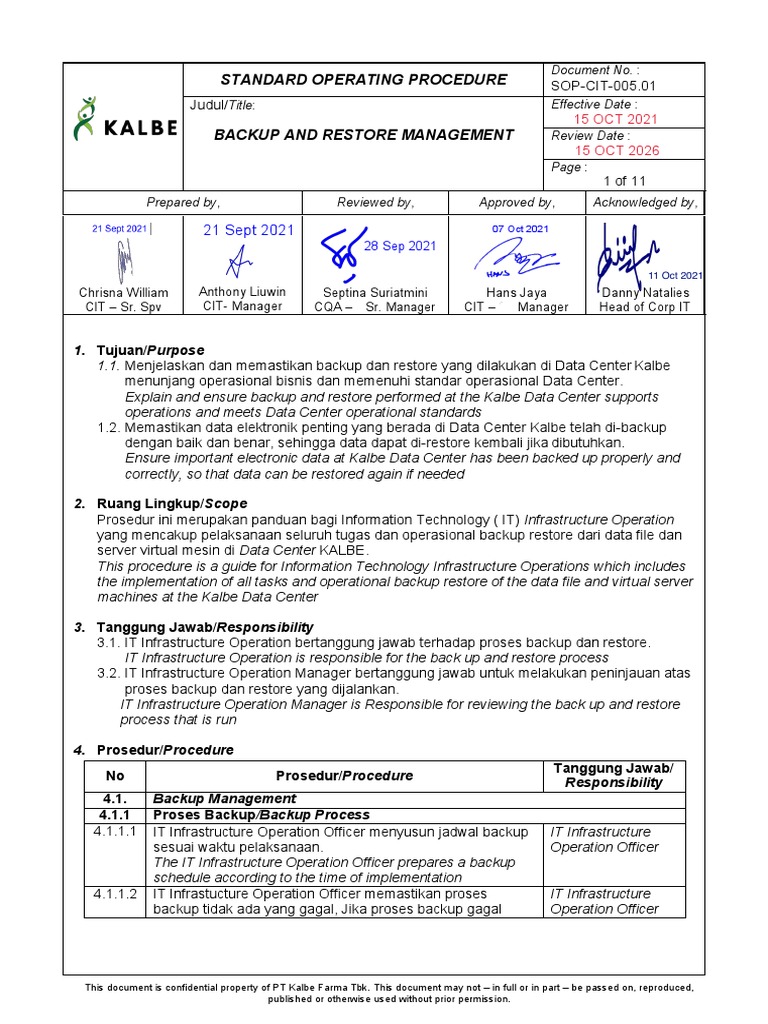 SOP-CIT-005.01 Backup and Restore Management - (Effective) | PDF | Backup | Information Management