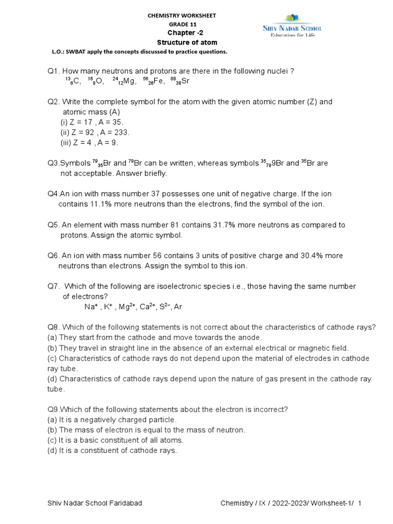 Chemistry Worksheet Grade 11: Chapter - 2 Structure of Atom | Download ...