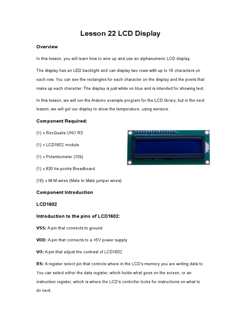 Lesson 22 LCD Display | PDF | Liquid Crystal Display | Arduino