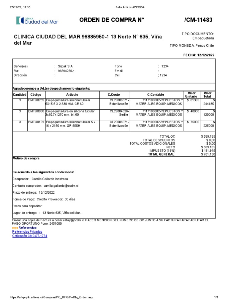 ORDEN DE COMPRA CM-11483 Empaquetaduras Autoclave Esterilización y ...