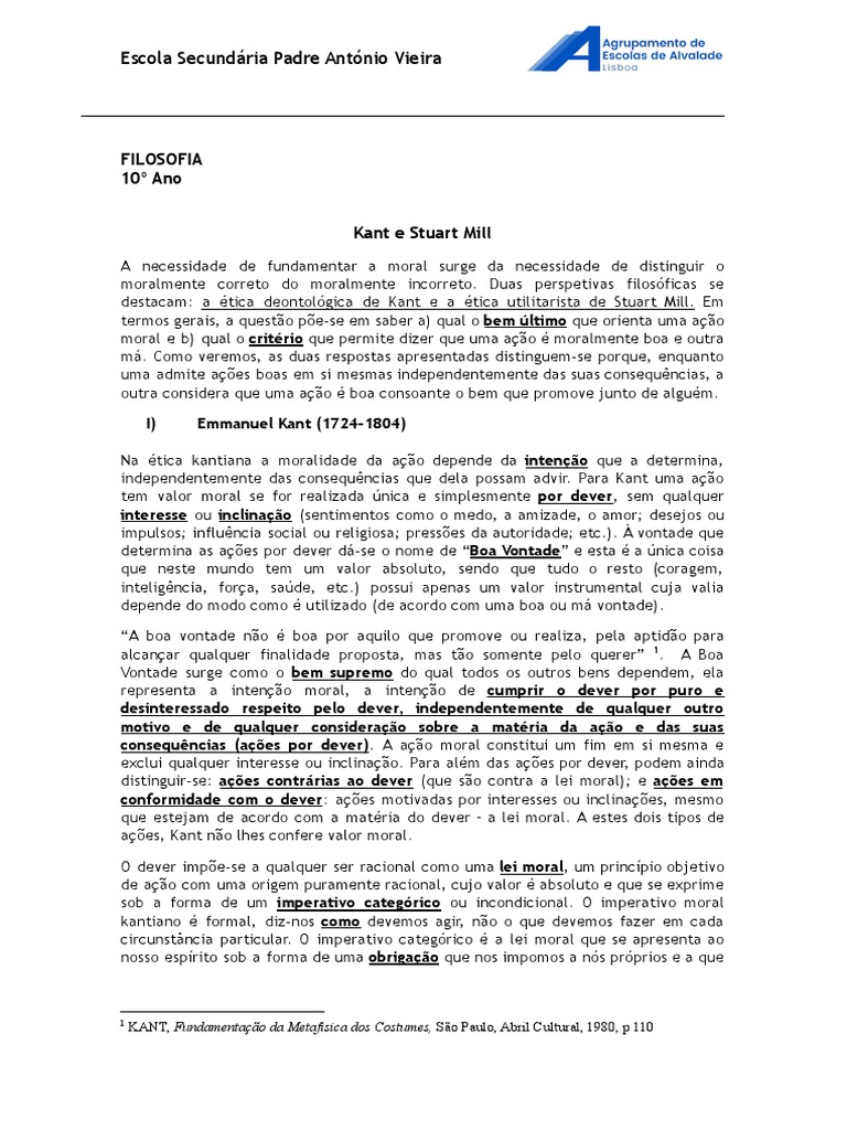 Kant e Stuart Mill | PDF | Moralidade | Immanuel Kant