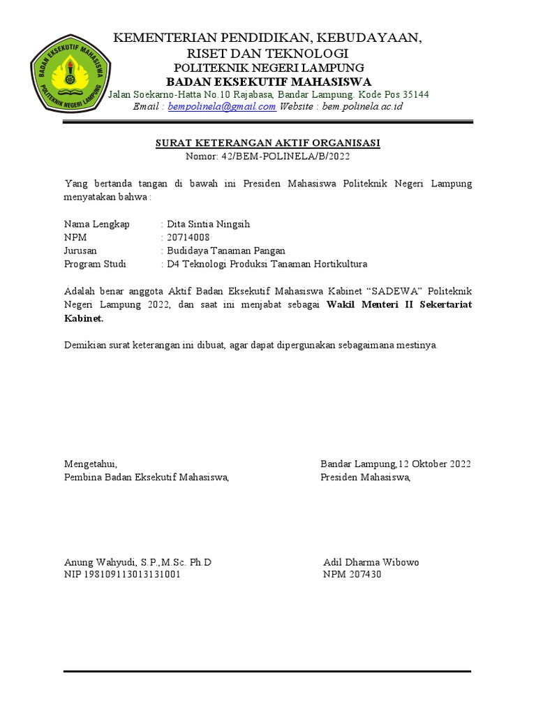 Surat Aktif Anggota Bem 2022 | PDF