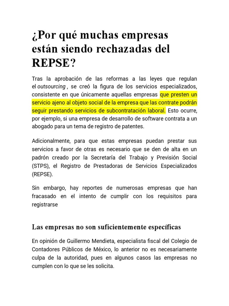 Rechazos en el REPSE: Claves para PYMES | PDF | Outsourcing