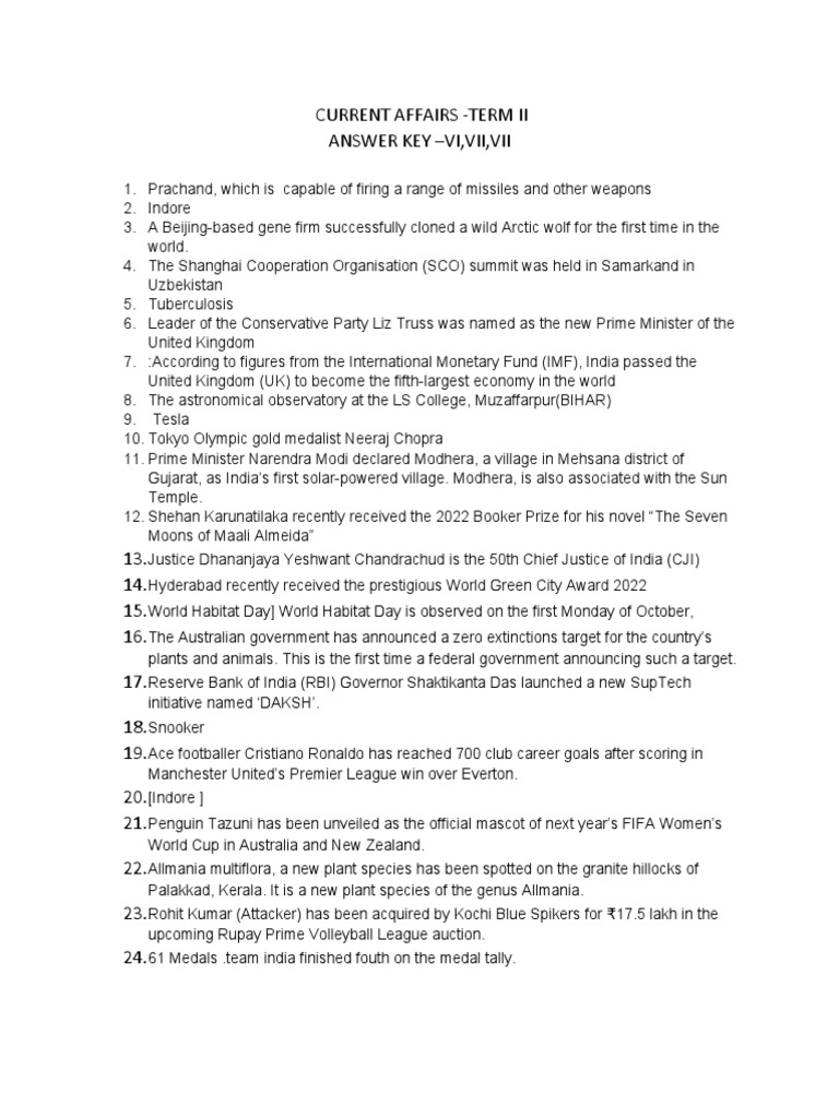 Current Affairs - Term Ii Answer Key - Vi, Vii, Vii | PDF
