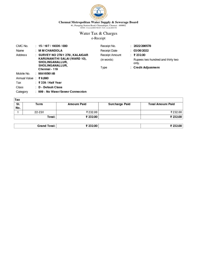 1V Water Bills | Download Free PDF | Rupee | Receipt