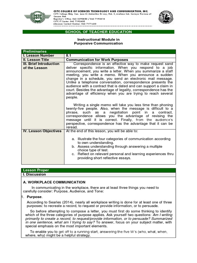 Lesson 8.1 Communication For Work Purposes Part 1 | PDF | Memorandum ...