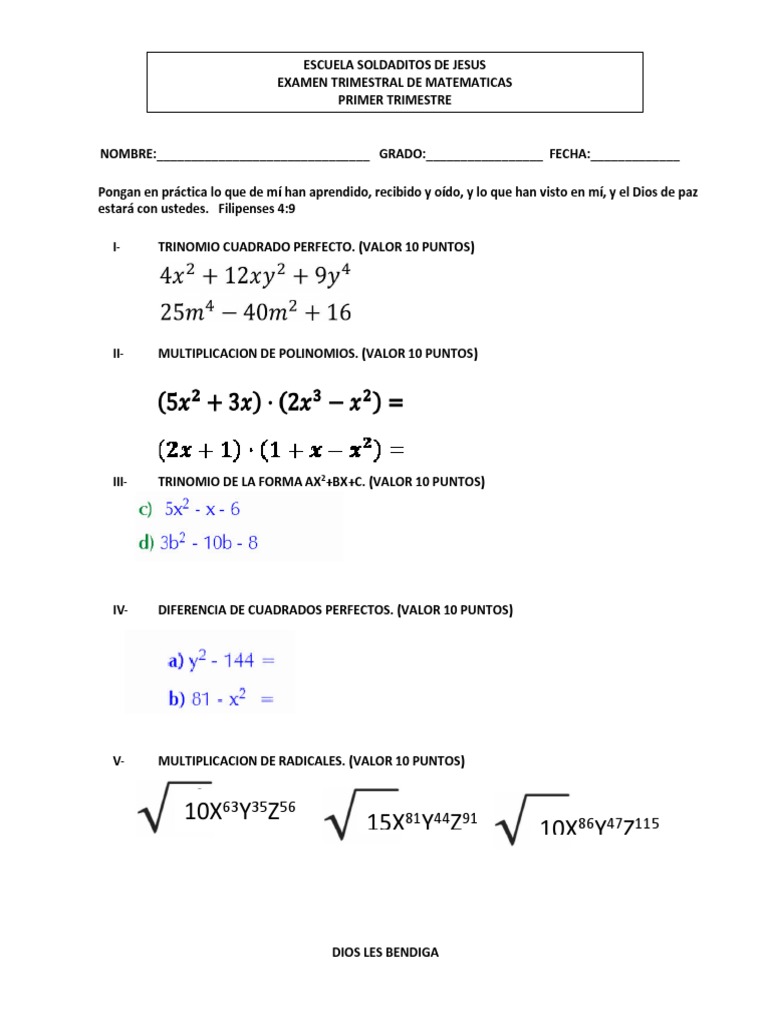 Examen de Matematicas Noveno | PDF Examen de Matematicas Noveno | PDF