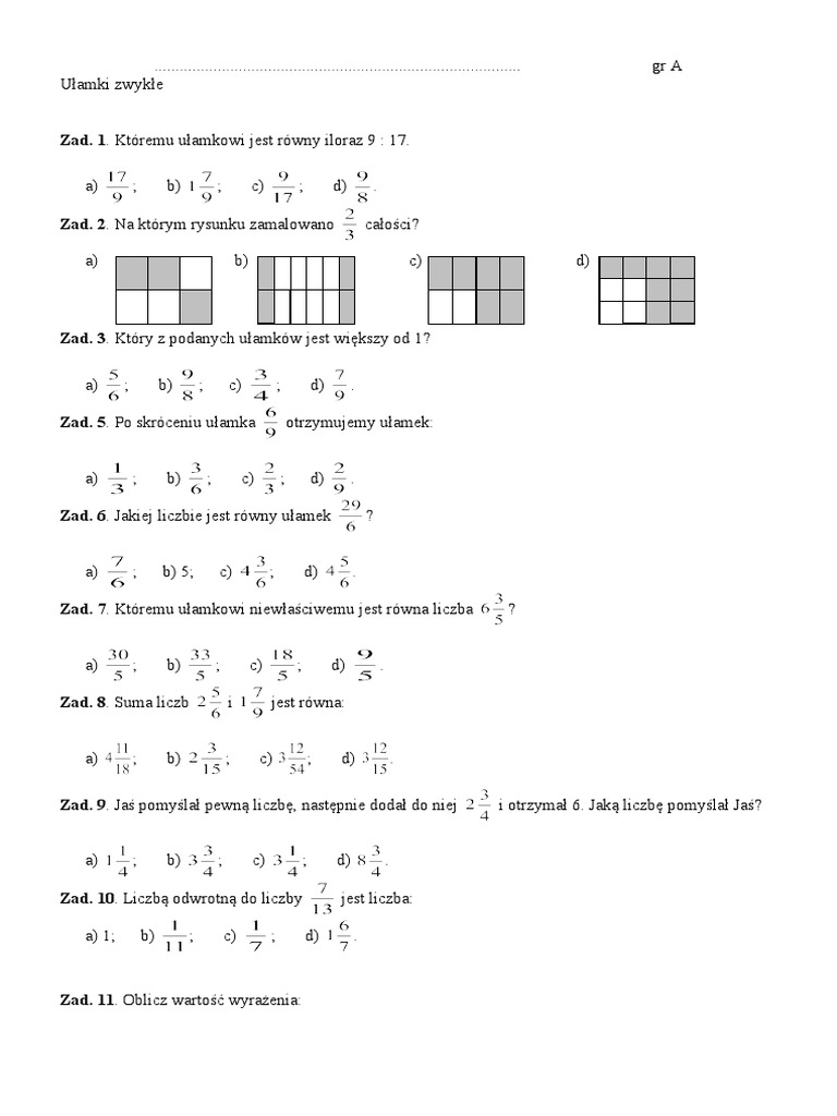 Praca KL 5 Ulamki Zwykle | PDF Praca KL 5 Ulamki Zwykle | PDF