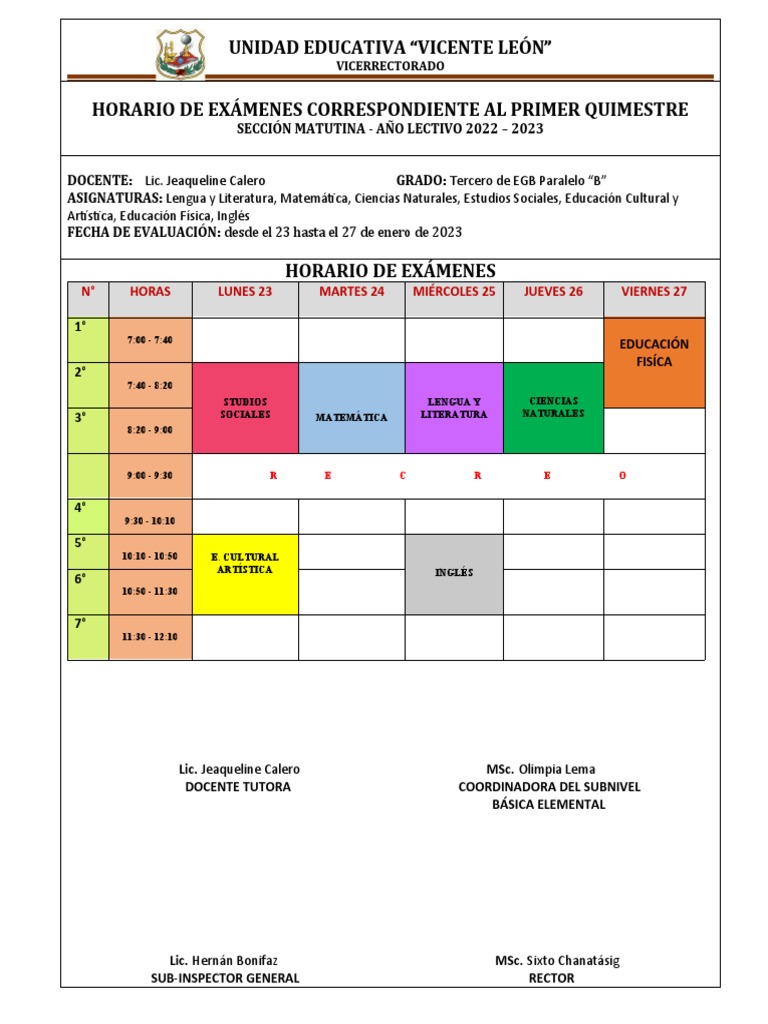 Horario de Examenes Primer Quimestre 2023 | PDF