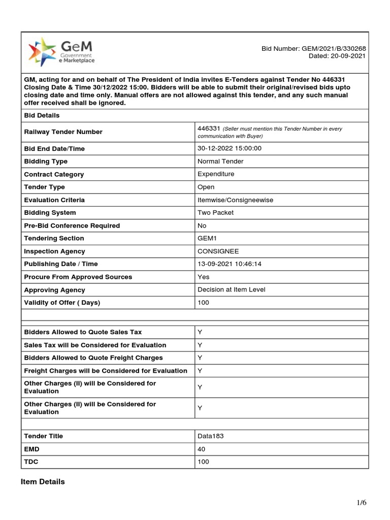 Bid Number: GEM/2021/B/330268 Dated: 20-09-2021: Item Details ...