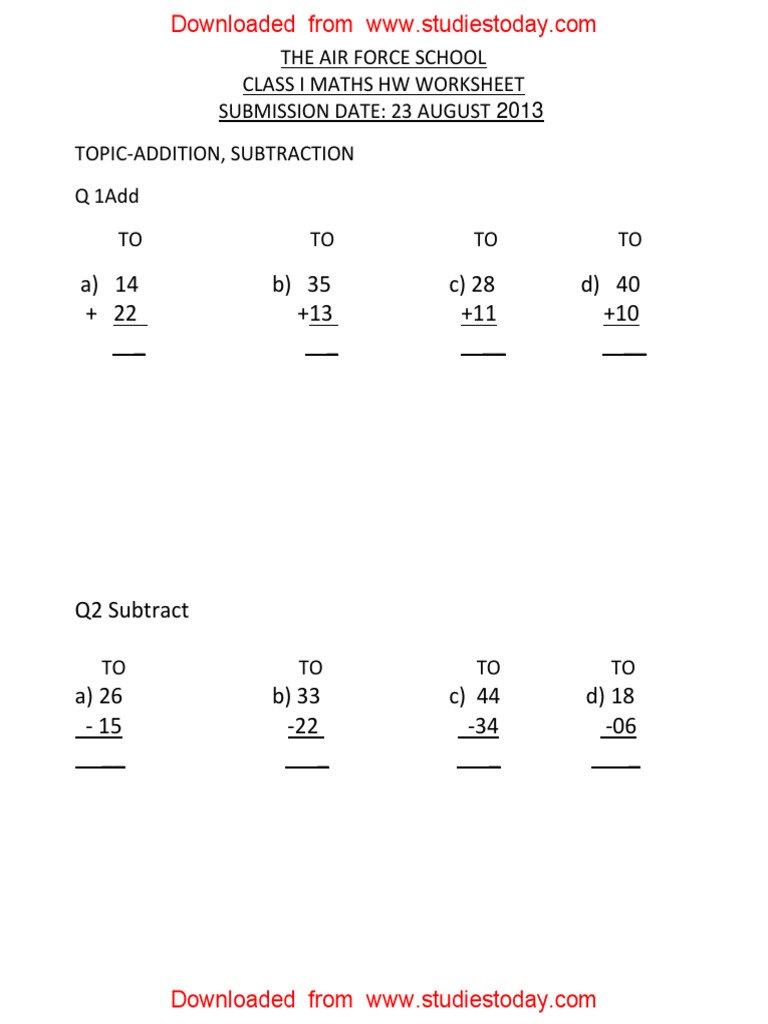 CBSE Class 1 Maths Practice Worksheets (77) - Addition and Subtraction ...