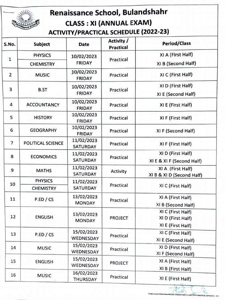 Class Xi Prac. Schedule | Download Free PDF | Science
