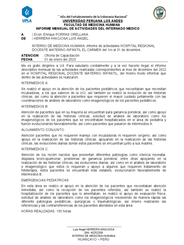 Informe Mensual de Internado Medico Mes de Diciemb | PDF | Hospital | Especialidades Medicas