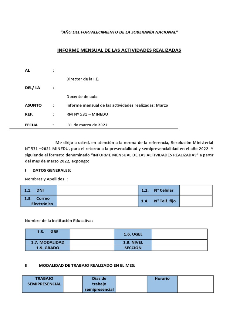 Informe Mensual de Las Actividades Realizadas | PDF | Evaluación ...