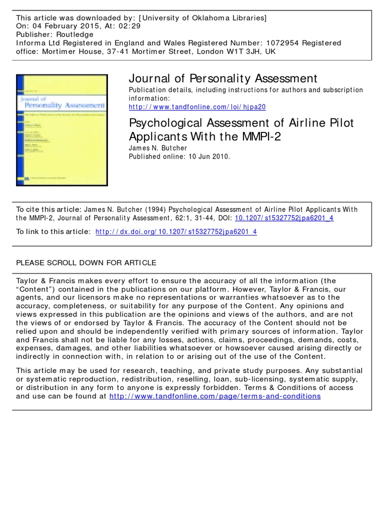 Psychological Assessment of Airline Pilot Butcher | PDF | Tests ...