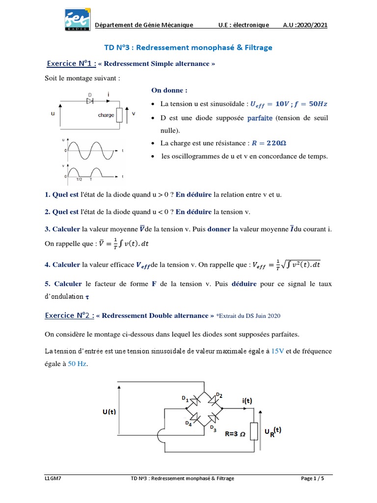 Redressement et Filtrage Monophasé | PDF | Redresseur | Grandeur physique