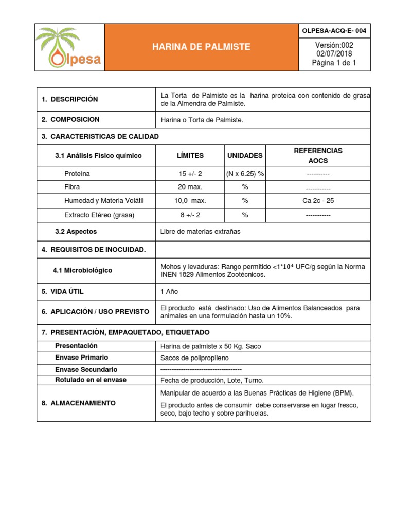 Olpesa-Aq-e-004 Harina de Palmiste - V.002 - Cliente | PDF