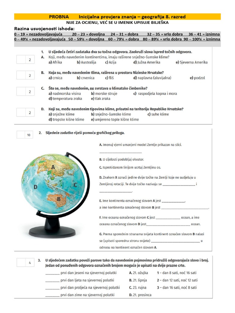 PROBNA Inicijalna Provjera Znanja - Geografija 8. Razred | PDF