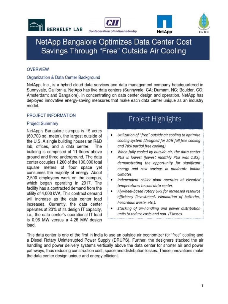 NetApp Bangalore - Case Study - Free Outside Air Cooling - IGBC & LBNL 2021 | PDF | Data Center ...