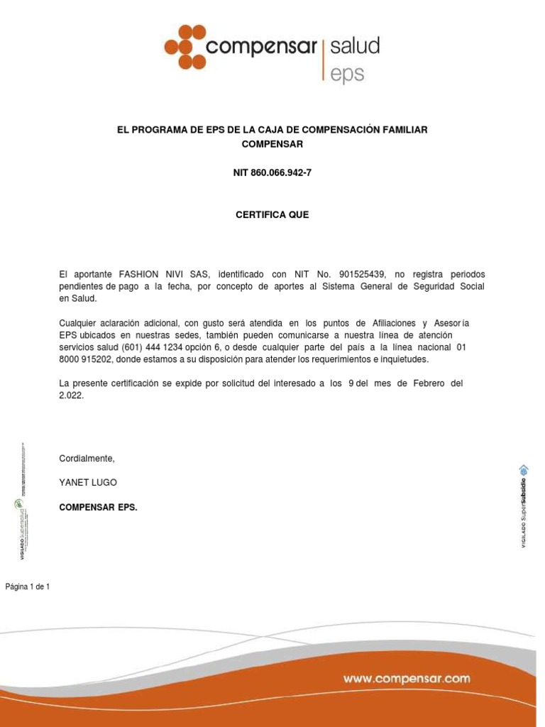 Certificación de Aportes Compensar EPS | PDF