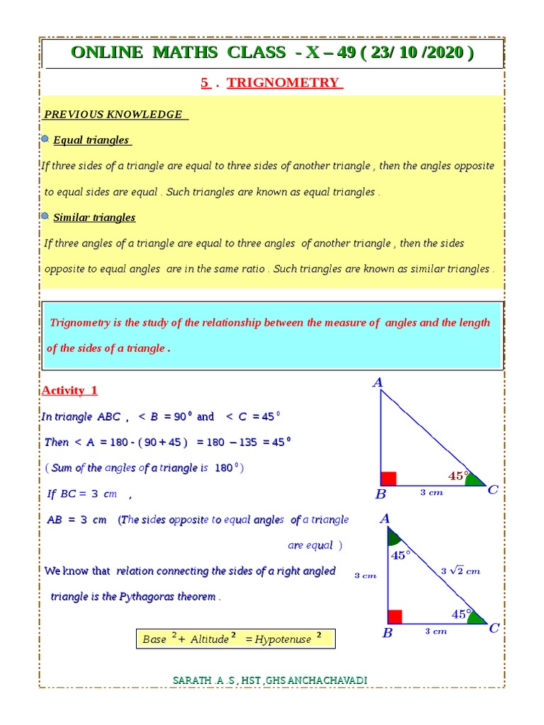 Trigonometry Notes English Medium Class 49-56 | PDF | Triangle | Circle