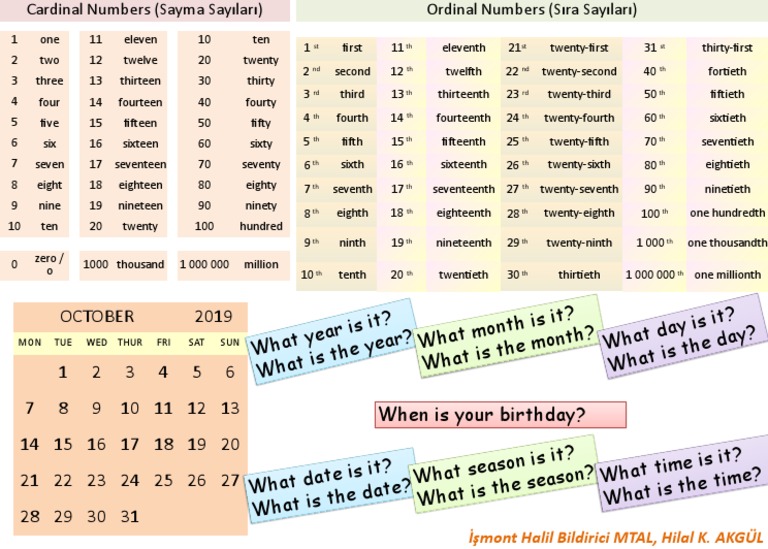 English Calendar and Ordinal-Cardinal Numbers | PDF