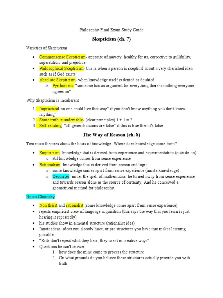 Philosophy Final Exam Study Guide | PDF | Empiricism | Knowledge