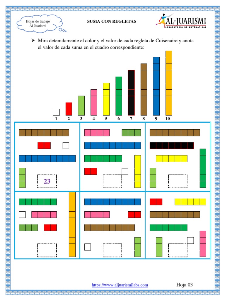 Hoja 03 Suma de Un Dígito Más Un Dígito Con Regletas de Cuisenaire | PDF