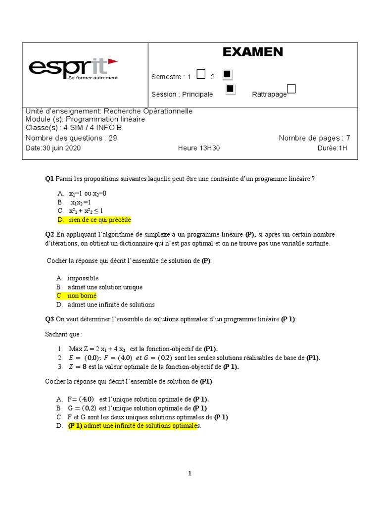 Examen de Programmation Linéaire | PDF | Optimisation linéaire ...