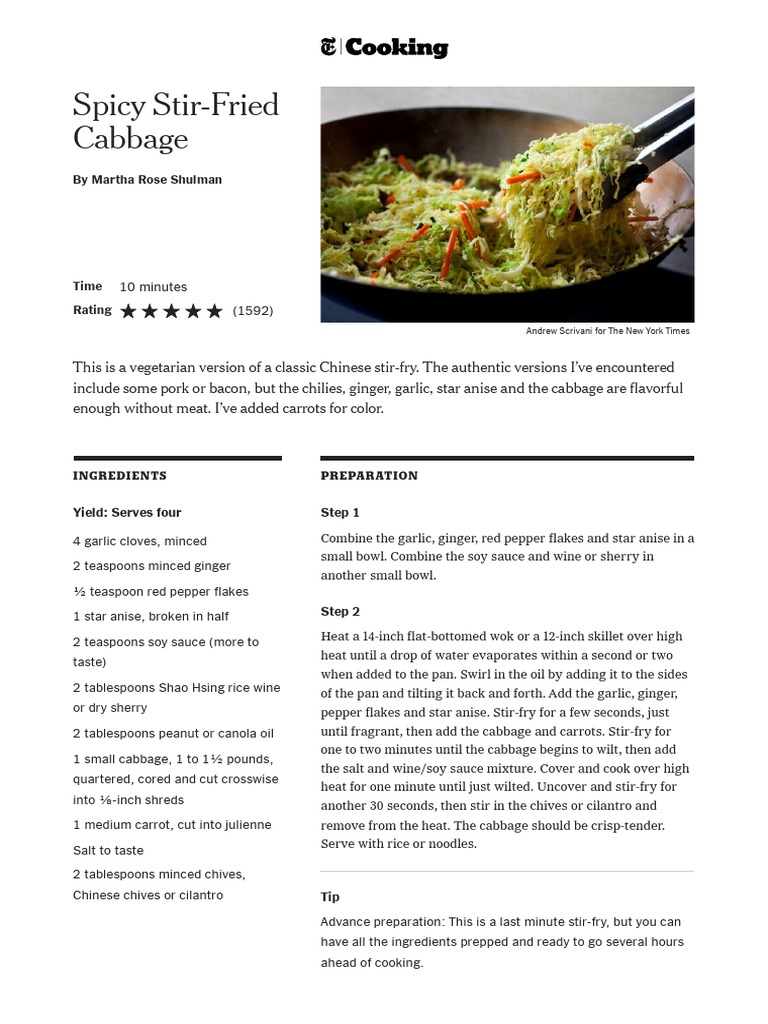 Spicy Stir-Fried Cabbage Recipe - NYT Cooking | PDF | Stir Frying | Ginger