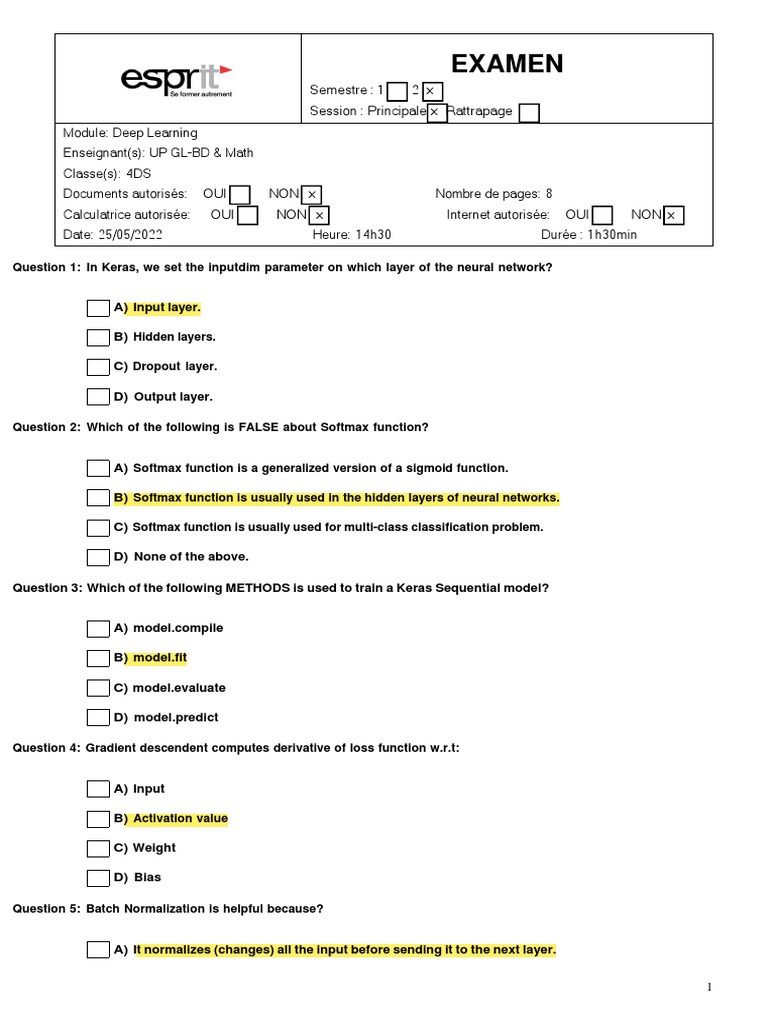 Deep Learning Exam: Multiple Choice Questions on Key Concepts in Deep ...