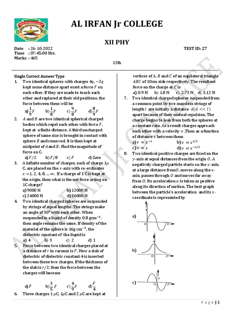 Xii Phy HW-1-14 | PDF | Capacitor | Electrical Resistance And Conductance