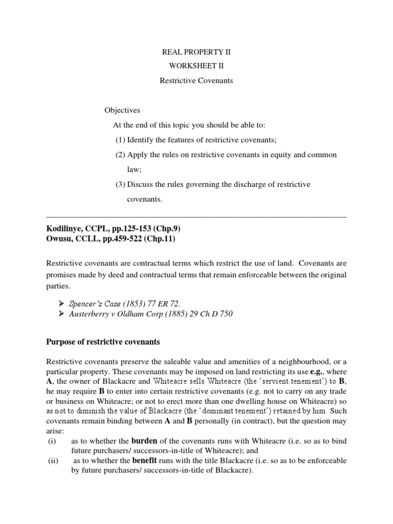 Restrictive Covenants Worksheet 2021-2022 | PDF | Covenant (Law) | Easement