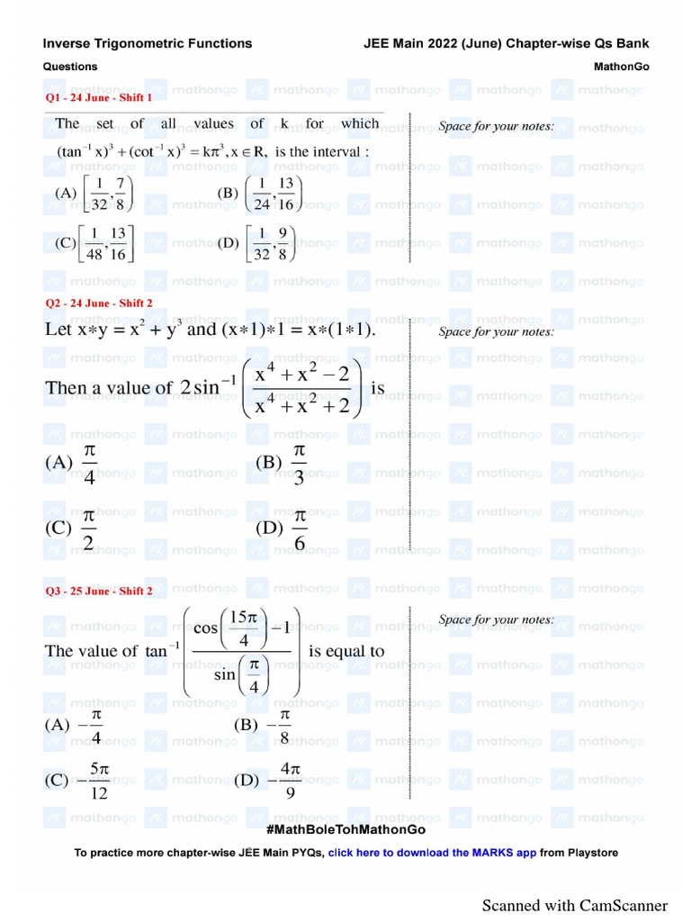 Inverse Trigonometric Functions - JEE Main 2022 Chapter Wise Questions ...