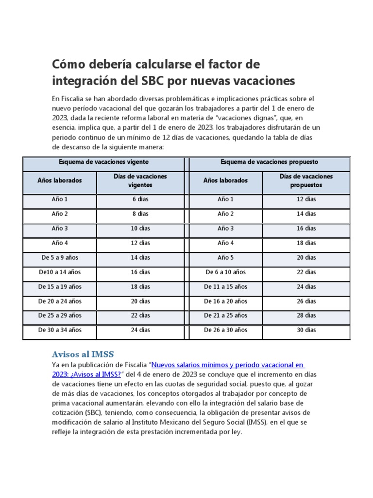 Ajuste del SBC por Nuevas Vacaciones | PDF | Salario | Integral